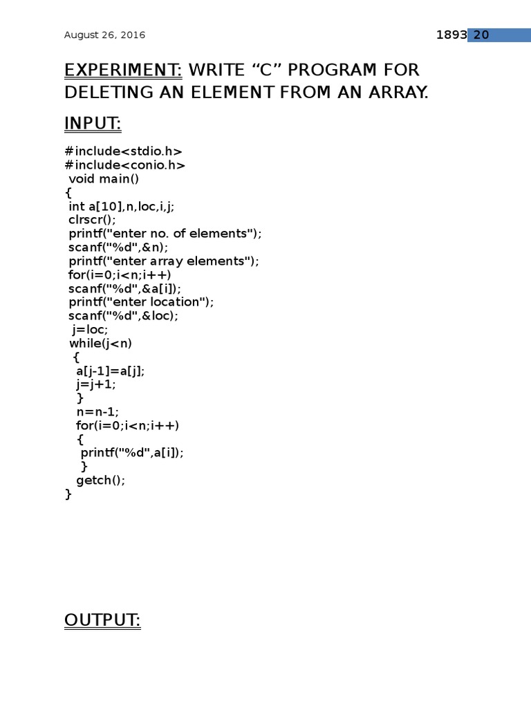 Experiment Write C Program For Deleting An Element From An Array 7029