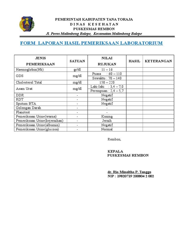 Form Laporan Hasil Pemeriksaan Lab. | PDF
