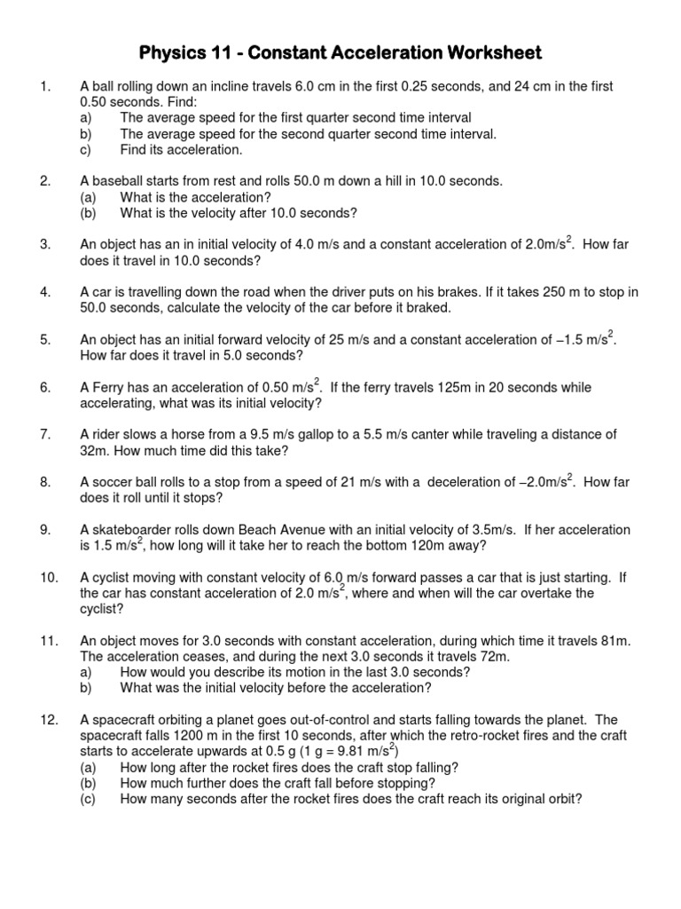 Physics Acceleration Worksheet | PDF | Acceleration | Orbit