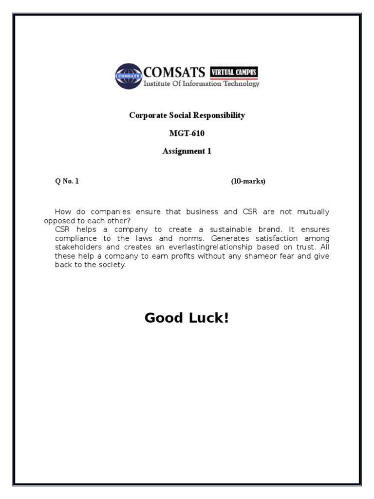 Corporate Social Responsibility Assignment 1 | PDF | Corporate Social ...