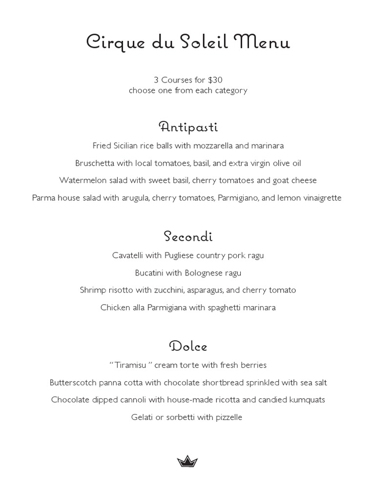 Cirque Du Soleil Menu: Antipasti | PDF