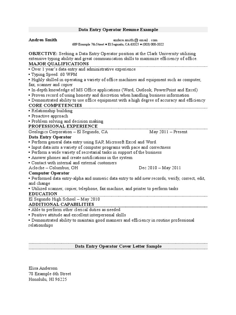 Data Entry Operator Resume Example | Pdf | Data | Résumé