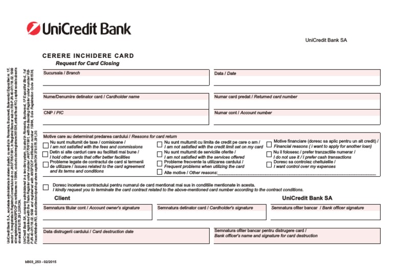 Solicitare Inchidere Card - Unicredit | PDF