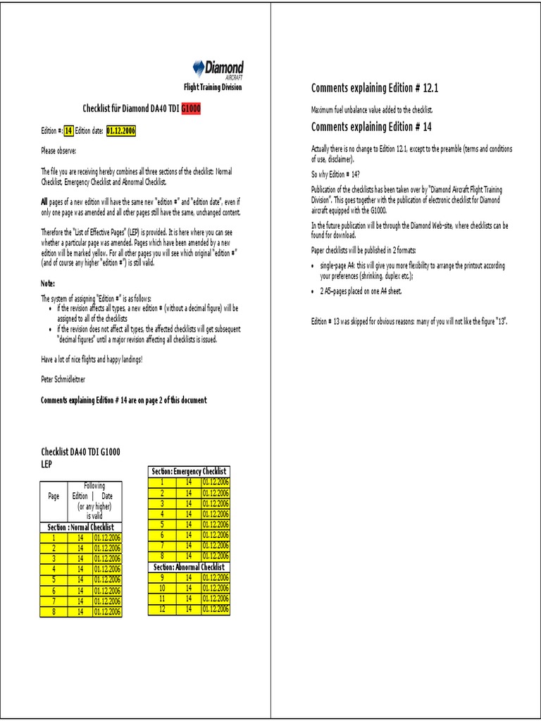 DA40 TDI G1000 Checklist Edit14 A5 | PDF | Aircraft Flight Control ...