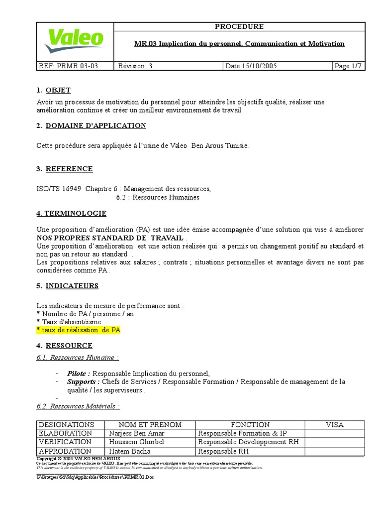Procédure Implication Du Personnel, Communication Et Motivation | PDF ...