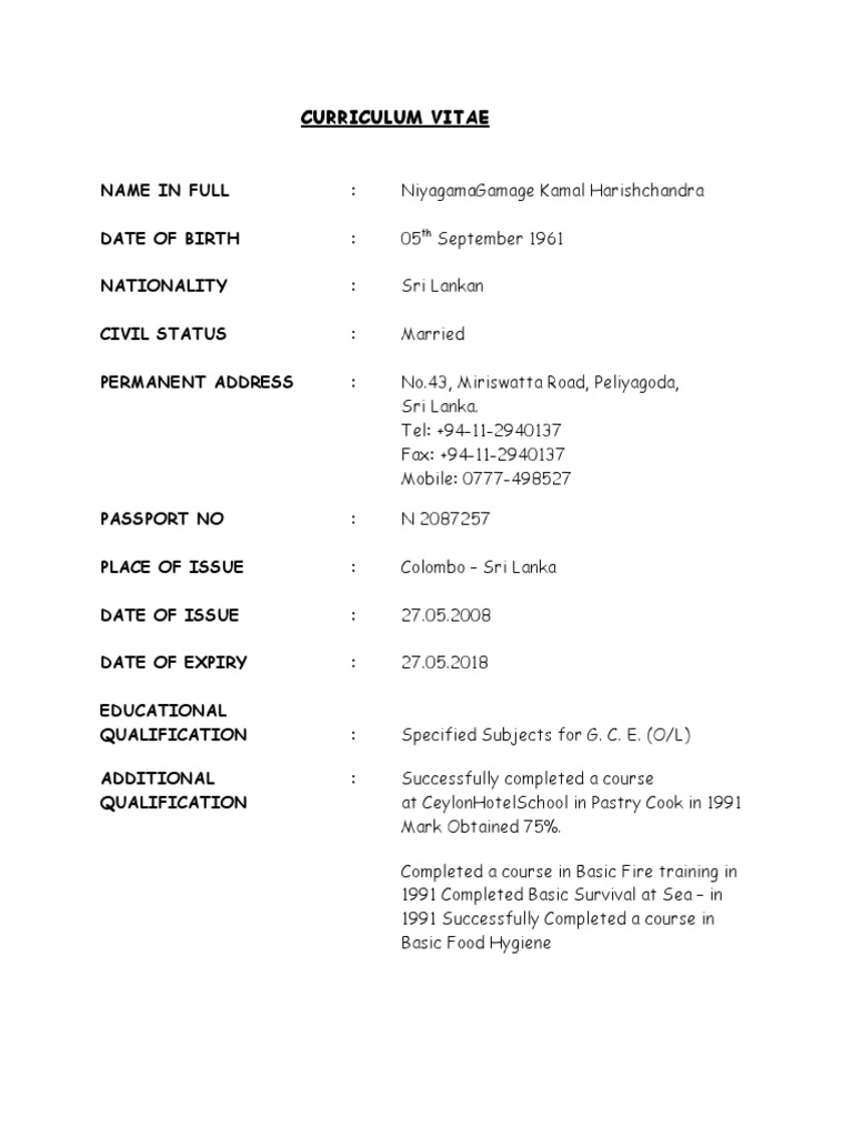 Executive Pastry Chef CV - NiyagamaGamage Kamal Harishchandra | PDF