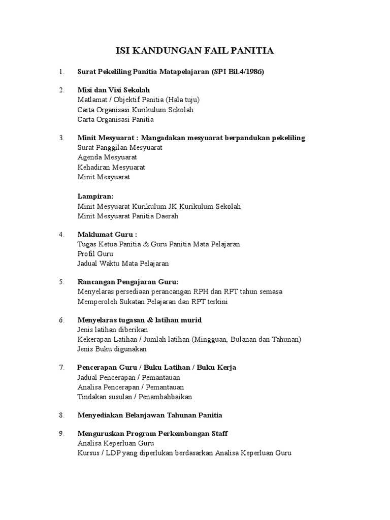 Isi Kandungan Fail Panitia | PDF
