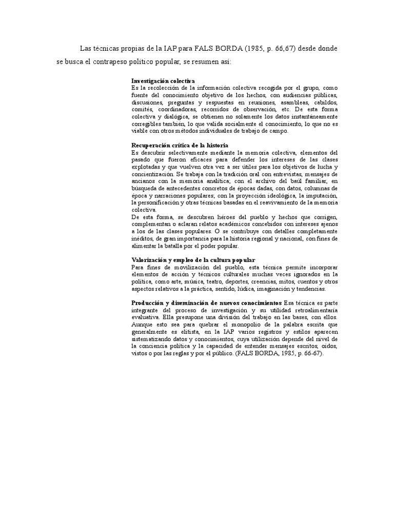 Las Técnicas Propias de La IAP para FALS BORDA | PDF
