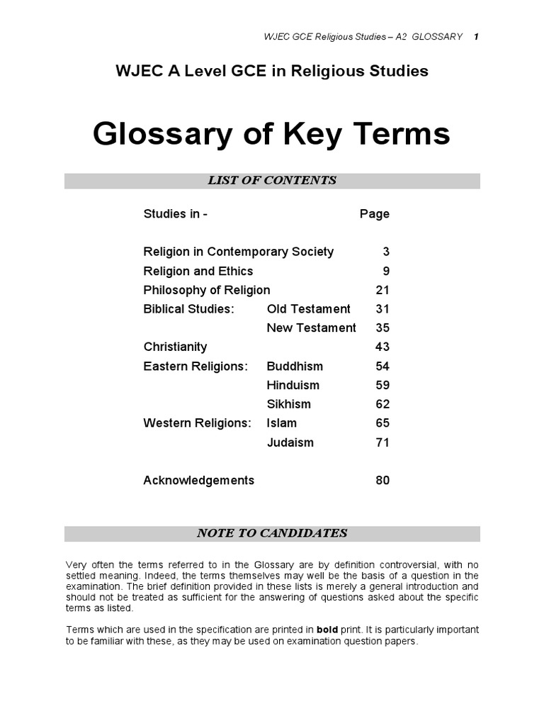 A Comprehensive Glossary of Key Terms for WJEC GCE Religious Studies | PDF