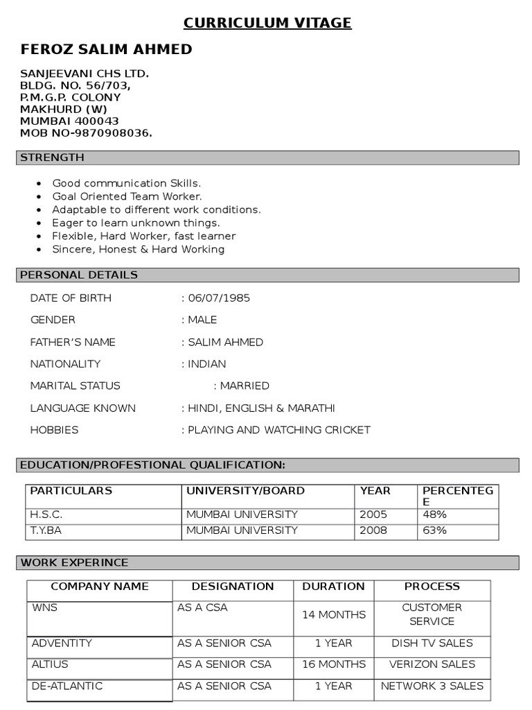 Curriculum Vitage Feroz Salim Ahmed | PDF
