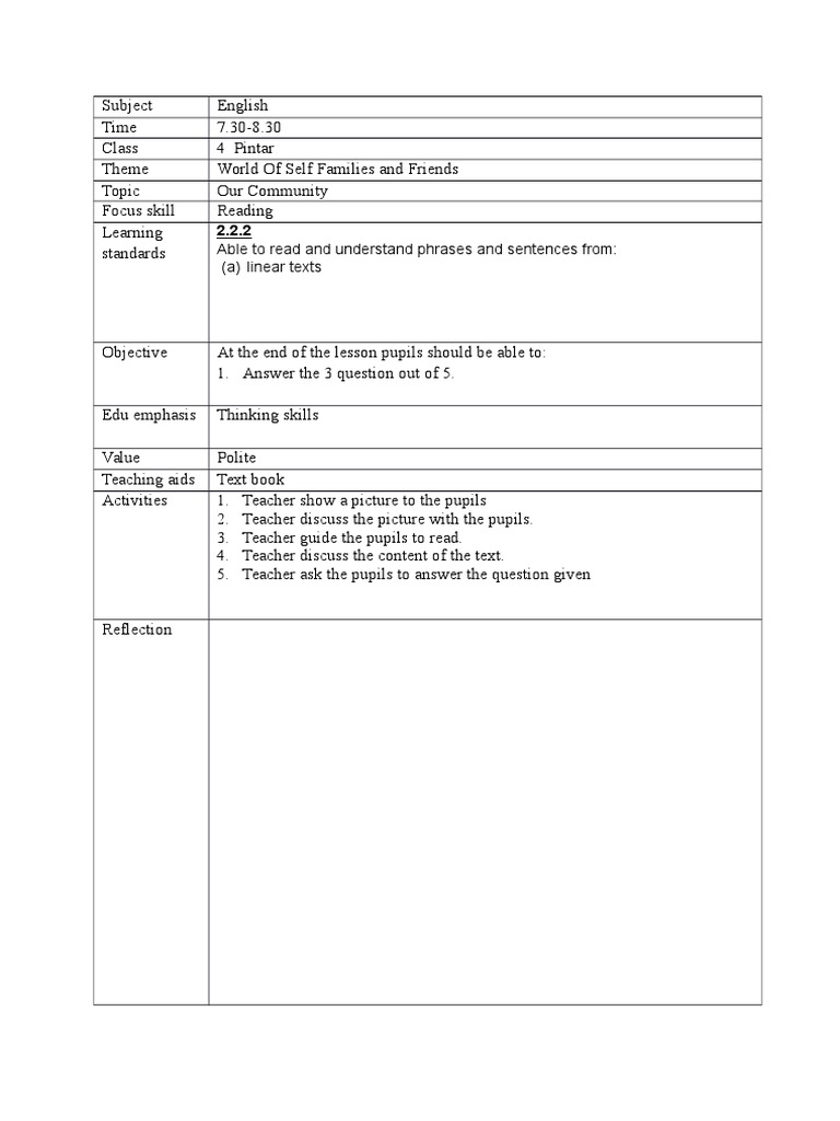 Daily English Lesson Plan | PDF