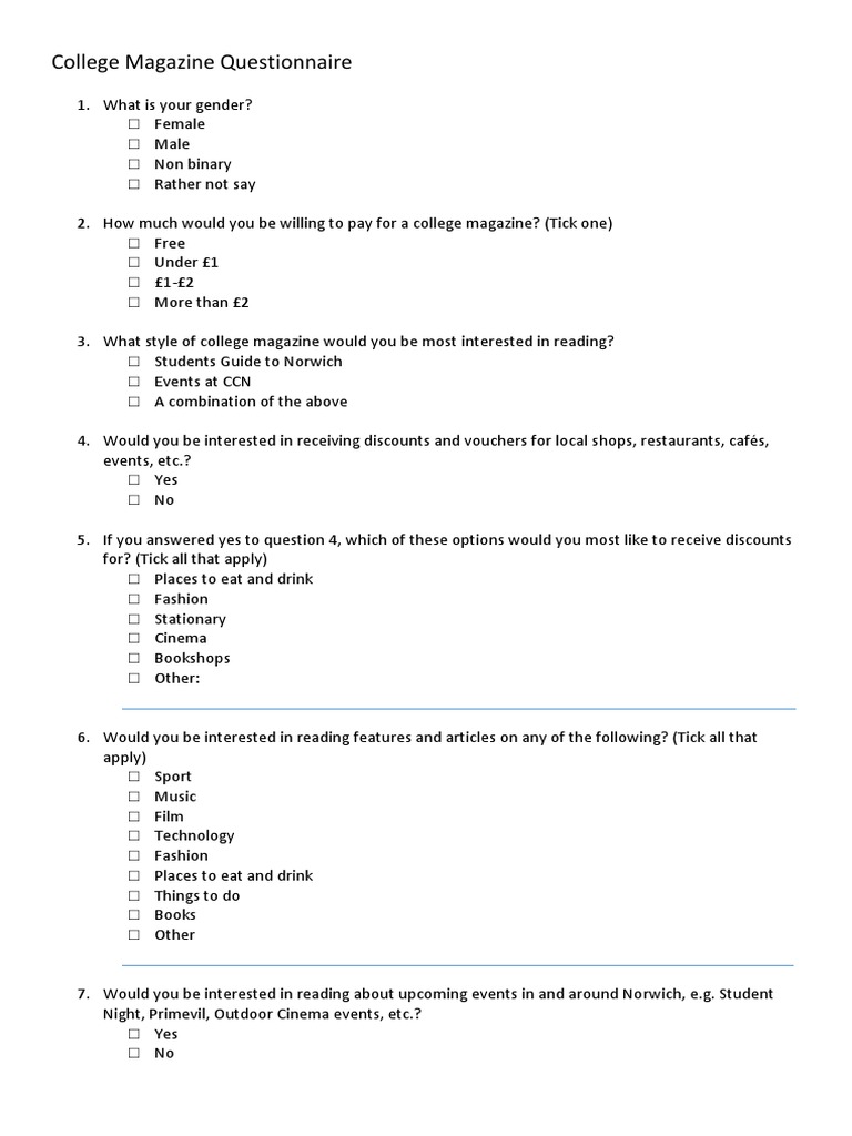 College Magazine Questionnaire | PDF