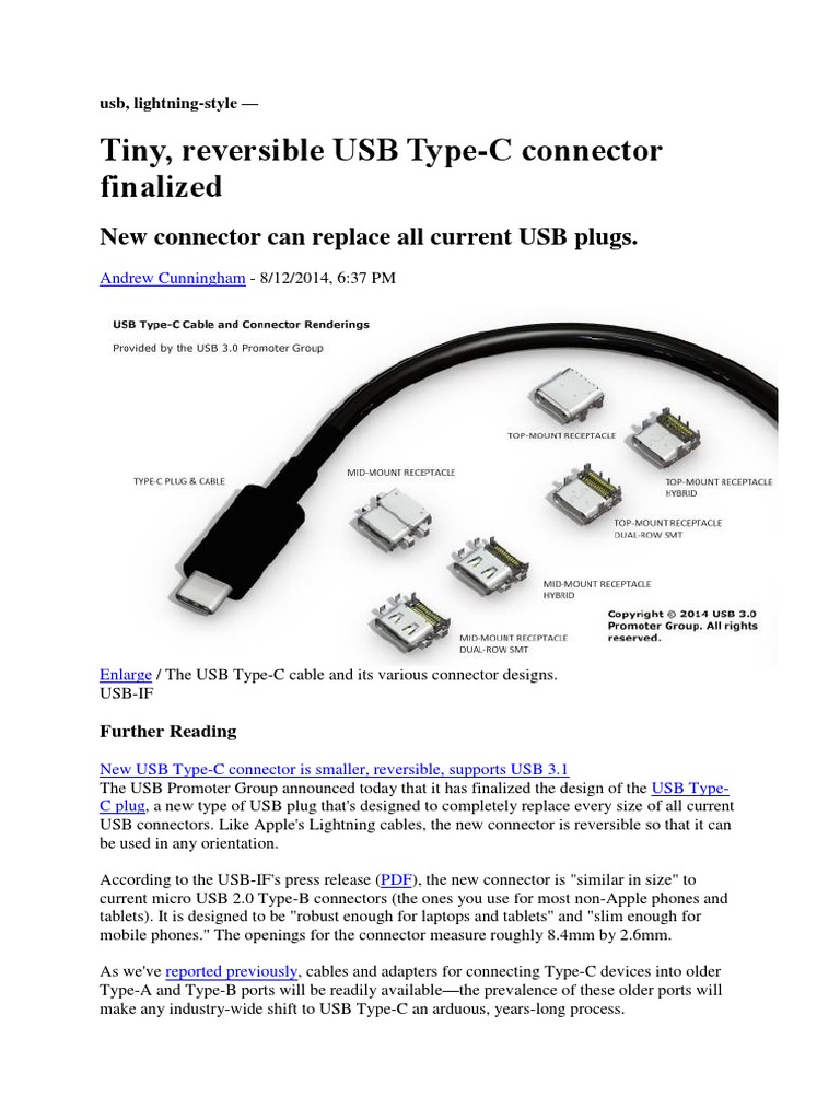 Tiny, Reversible USB Type-C Connector Finalized: New Connector Can ...