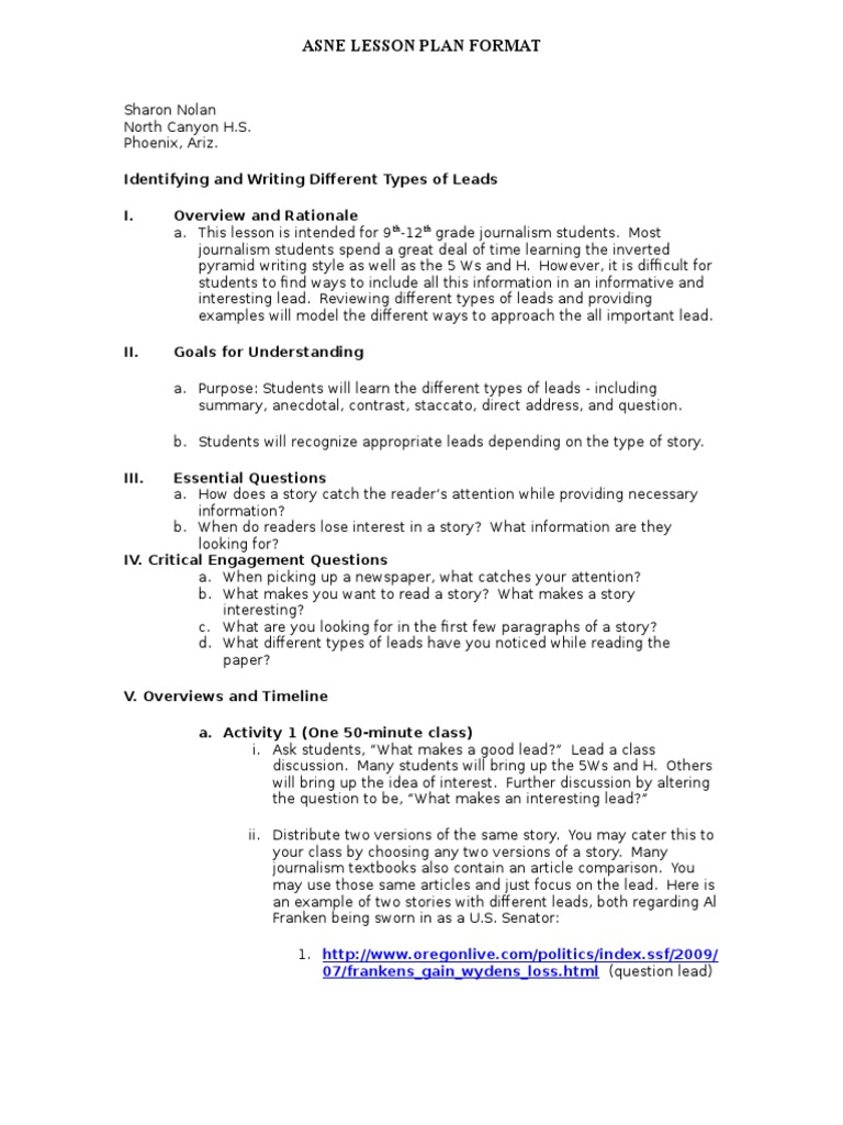 Asne Lesson Plan Format: Identifying and Writing Different Types of ...