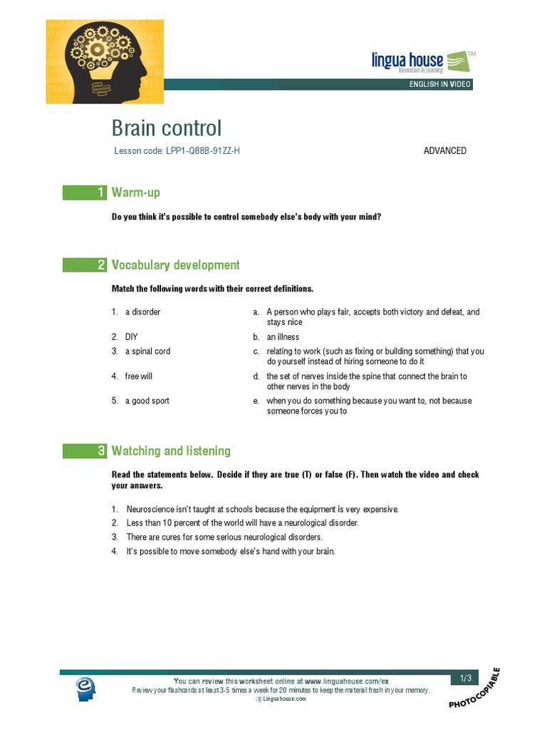 Brain Control Worksheet | PDF | Verb | Linguistics