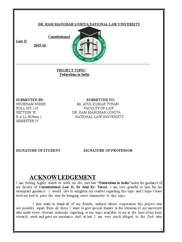 Acknowledgement for Federalism Project | PDF