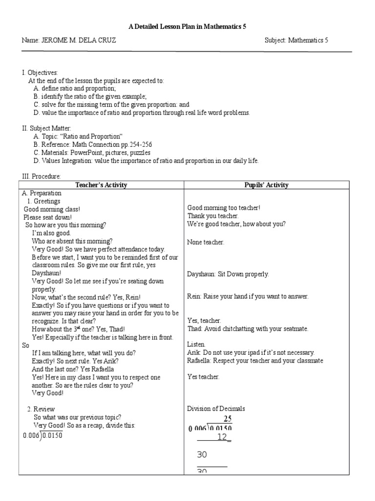 Grade 5 Lesson Plan: Ratio and Proportion | PDF | Ratio | Fraction ...