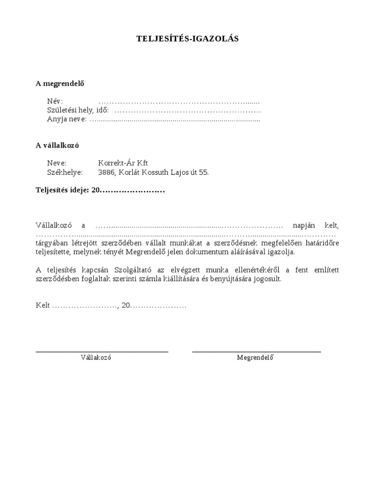 Teljesítés Igazolás Minta - Odt | PDF