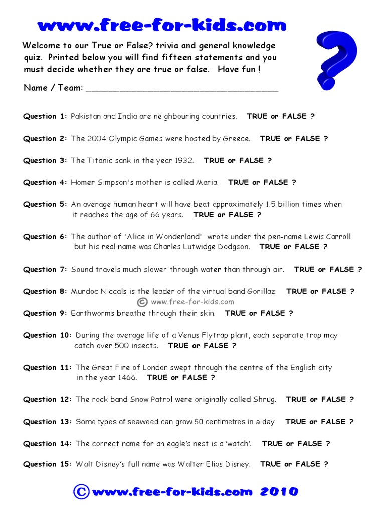 True or False Quiz | PDF