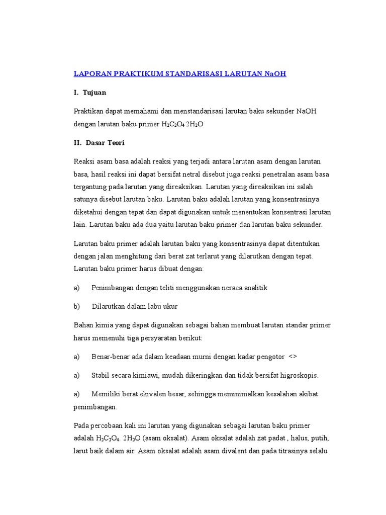 LAPORAN PRAKTIKUM STANDARISASI LARUTAN NaOH | PDF