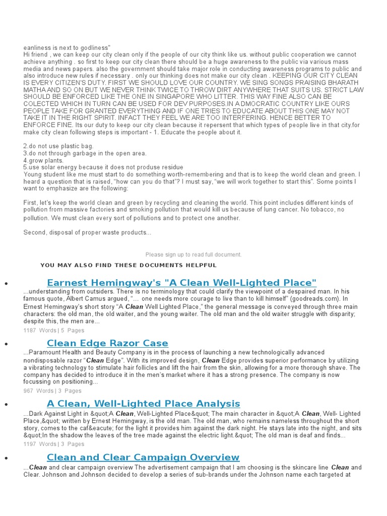 Earnest Hemingway's "A Clean Well-Lighted Place": Show More | PDF ...