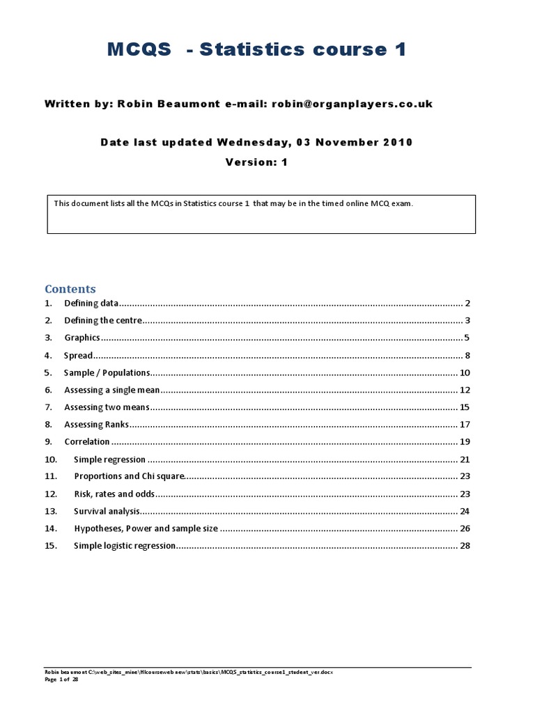 MCQS Statistics Course | PDF | Correlation And Dependence | Errors And ...