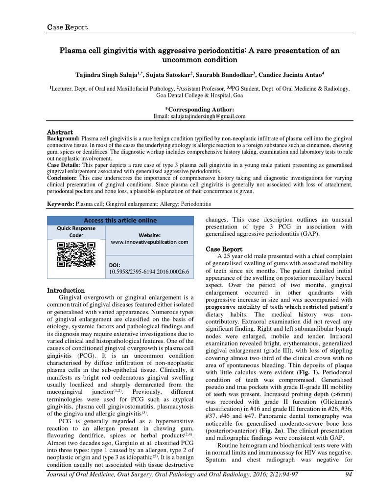Plasma Cell Gingivitis With Aggressive Periodontitis: A Rare ...