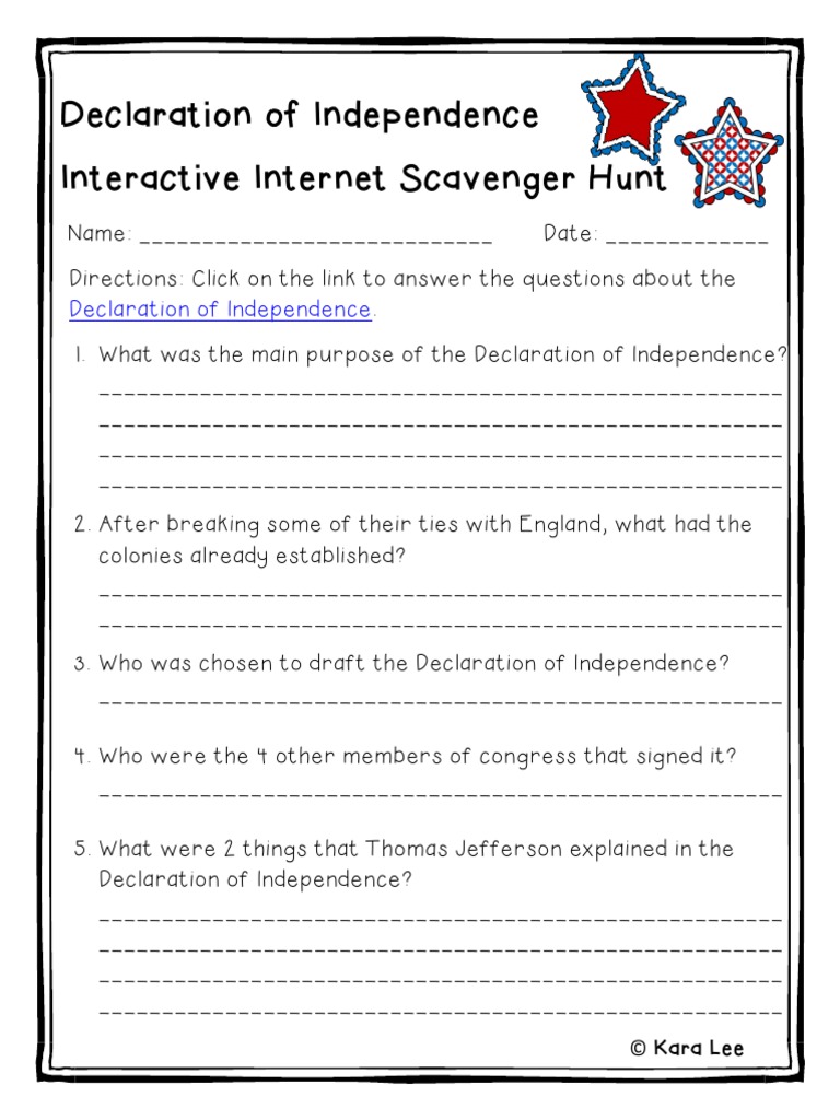 Declaration of Independence Internet Scavenger Hunt | Download Free PDF ...
