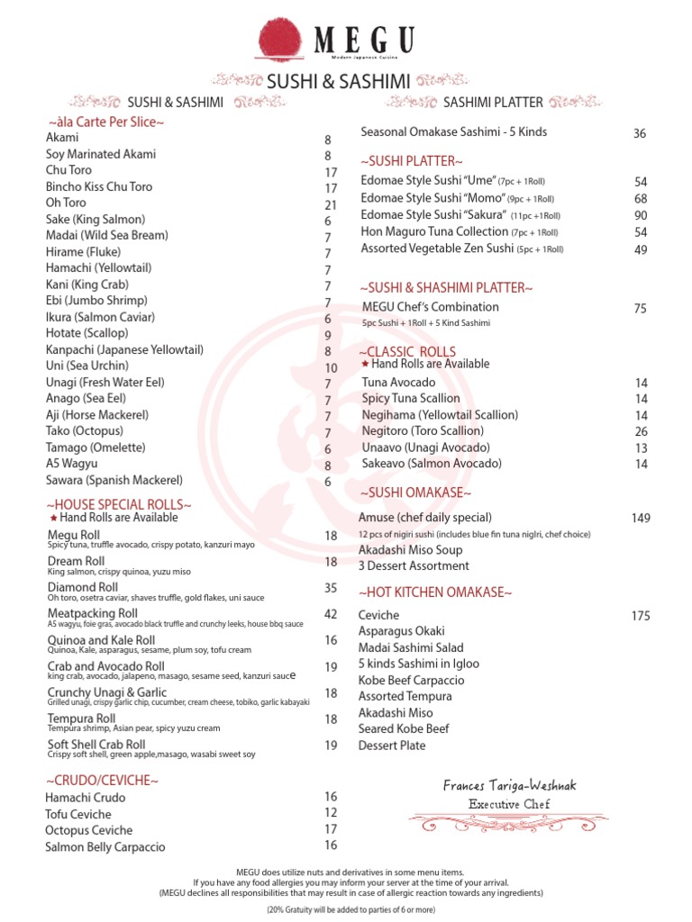 Megu Sushi Menu | PDF