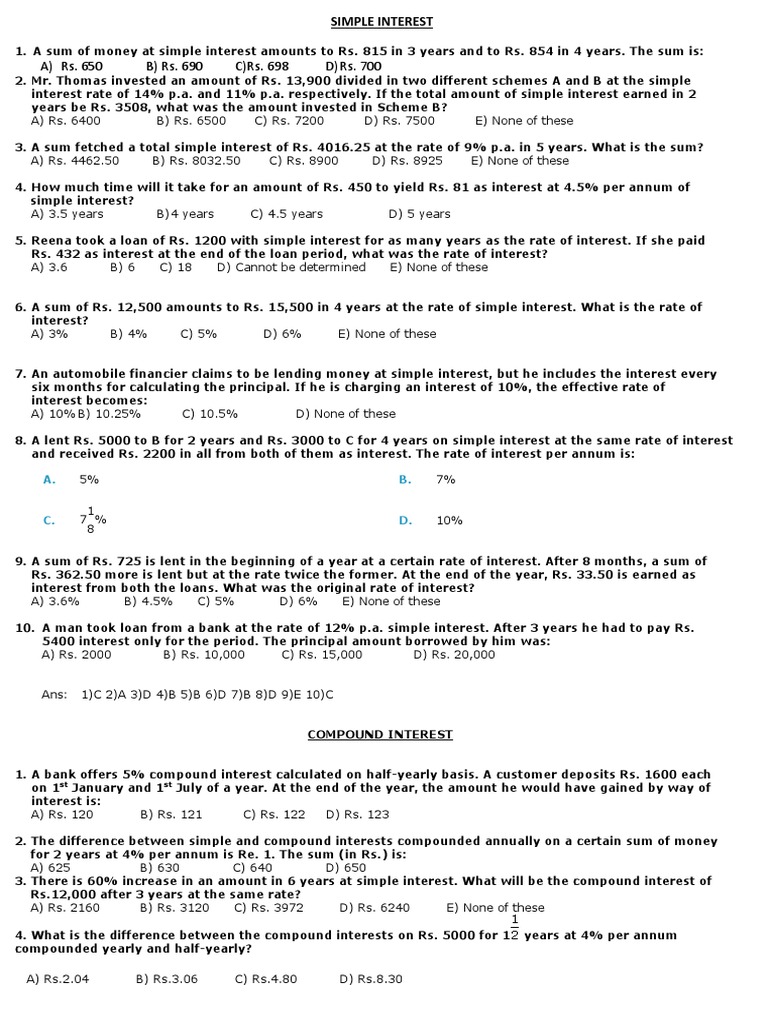 SIMPLE & COMPOUND INTERESTS Problem PDF | PDF | Compound Interest ...
