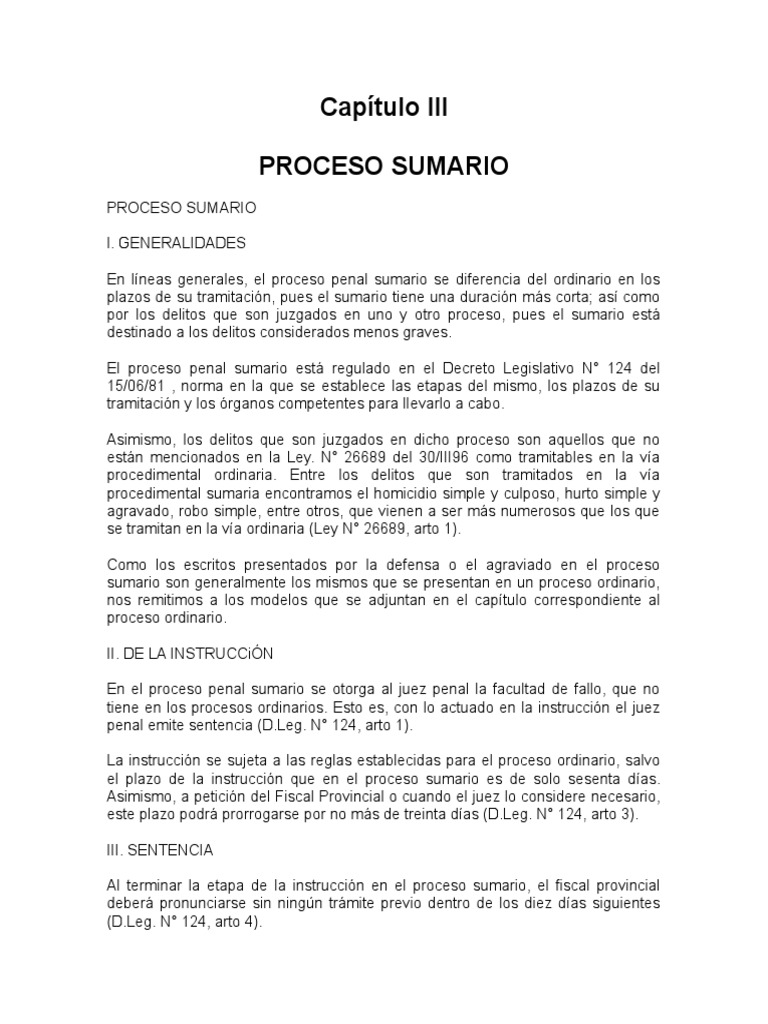 1. Proceso Sumario | Procedimiento Criminal | Derecho penal