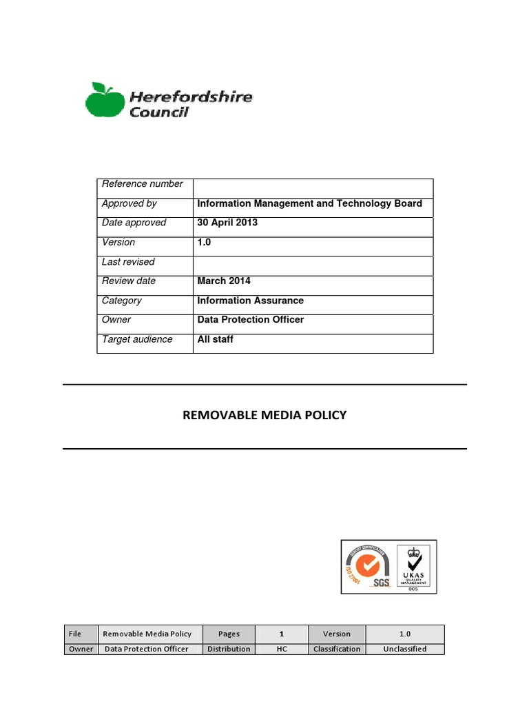 Removable Media Policy v1.0 | Usb Flash Drive | Online Safety & Privacy