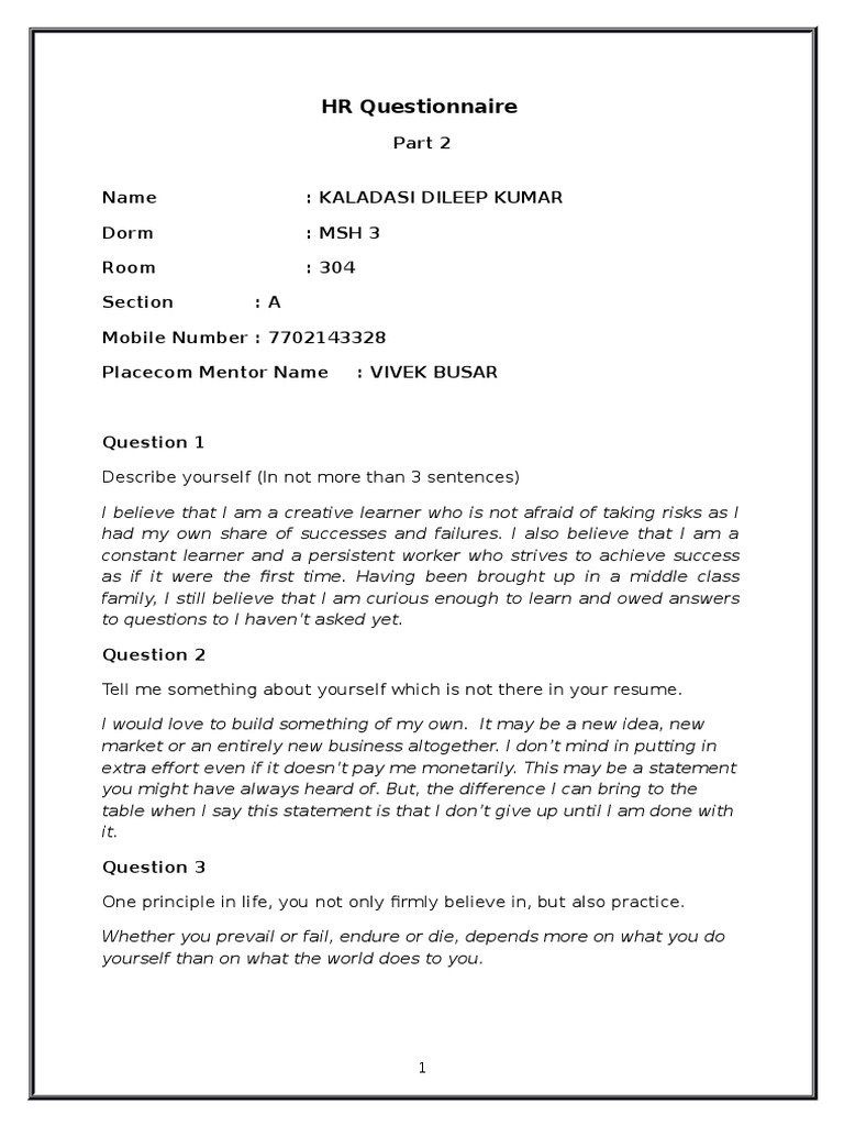 HR Questionnaire 2 | PDF | Strategic Management | Marketing