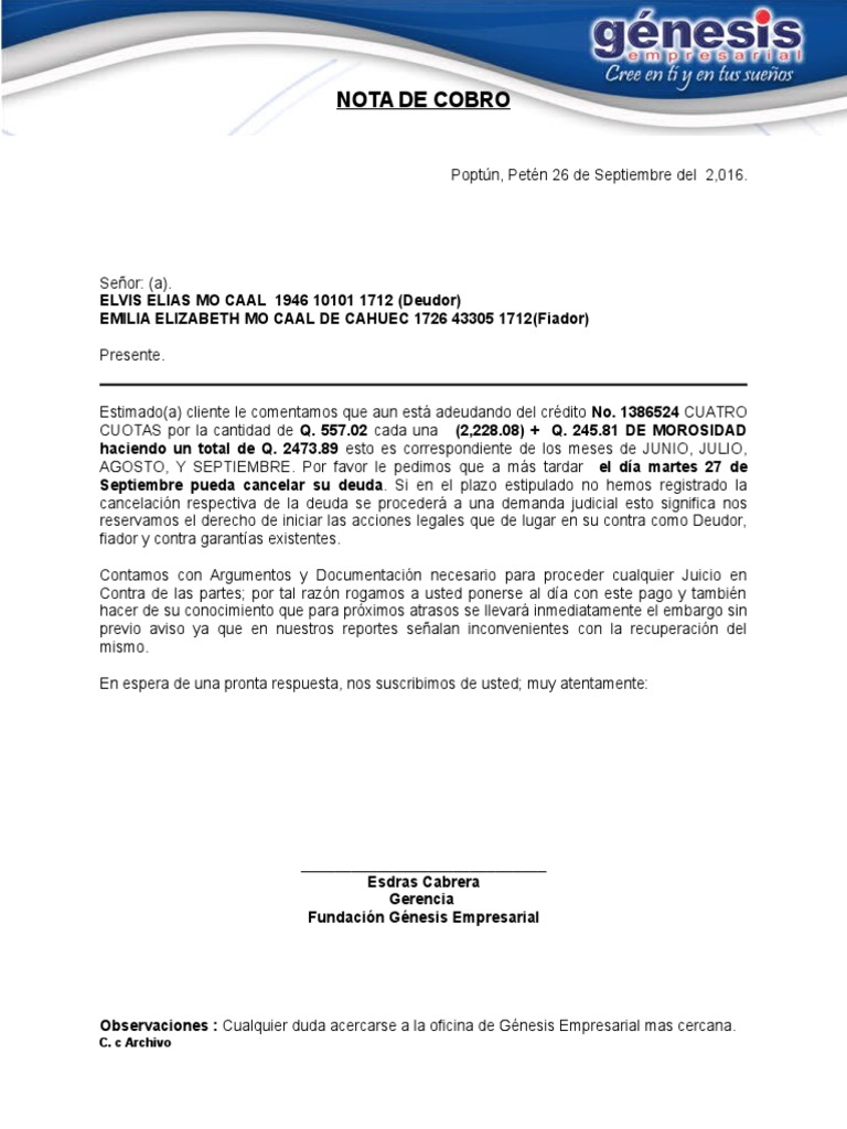 Carta de Cobro Deudor Fiadorrona | PDF | Pagos | Finanzas (general)