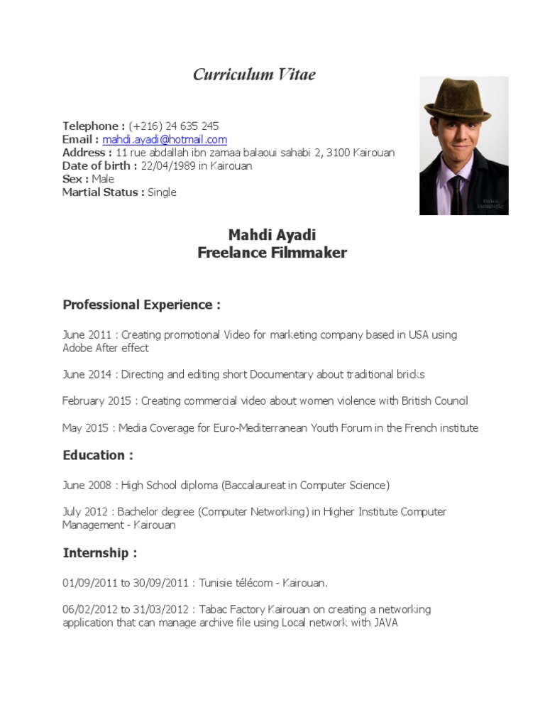 Curriculum Vitae: Mahdi Ayadi Freelance Filmmaker | PDF | Communication | Computing And ...
