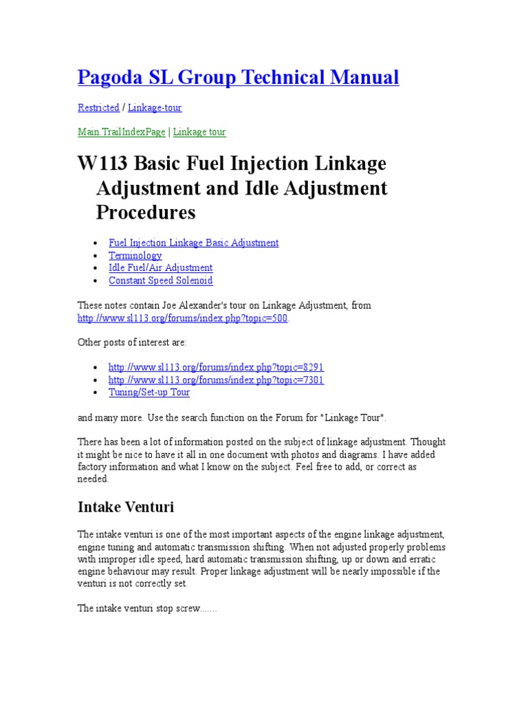 Mercedes 230sl. Fuel Injection Linkage Adjustment and Idle Adjustment ...