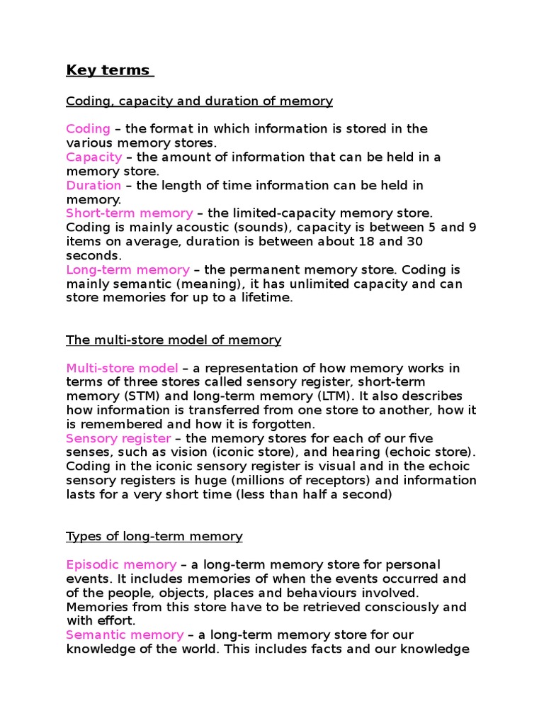Key Terms: Coding Capacity Duration Short-Term Memory | PDF | Memory | Mental Processes