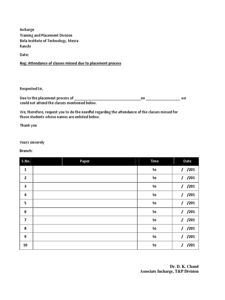 Reg: Attendance of Classes Missed Due To Placement Process: S.No. Paper ...