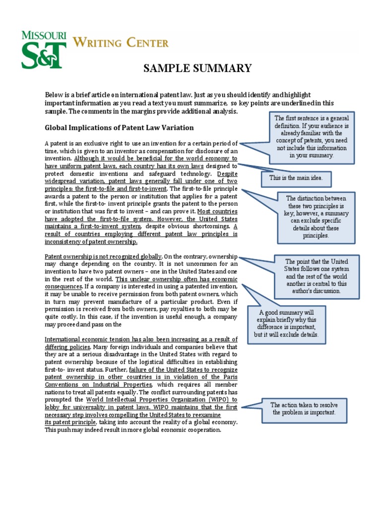 Sample Summary | PDF | Patent | Intellectual Property