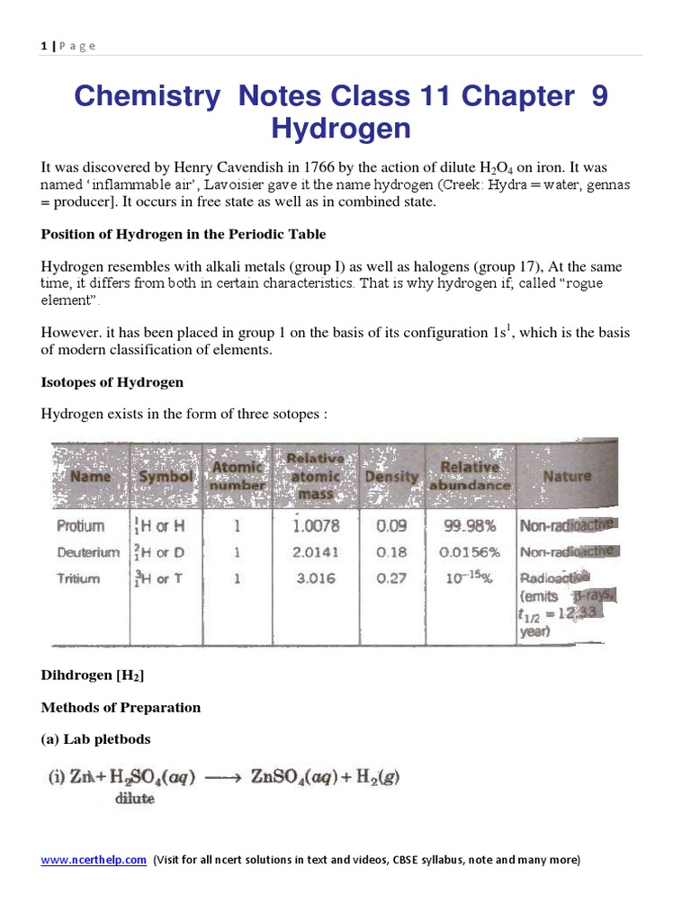 Chemistry Notes Class 11 Chapter 9 Hydrogen | PDF | Hydride | Hydrogen