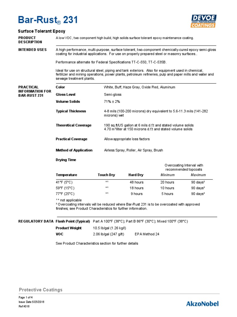 Devoe Coatings - Bar Rust 231 - Data Sheet | PDF | Paint | Epoxy