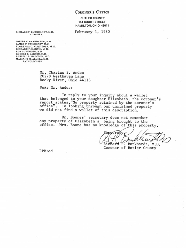 Coroner Letter To Andes | PDF