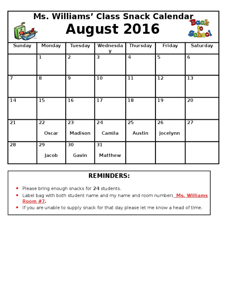Class Snack Calendar 2016-2017 | PDF
