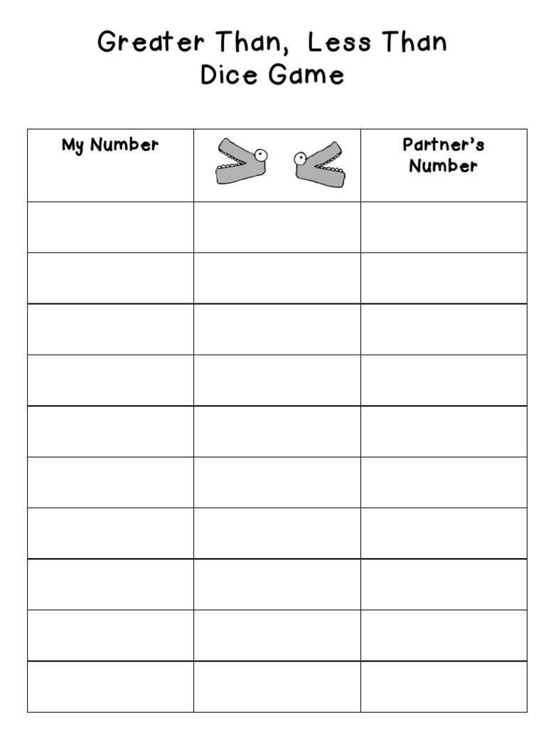 Greater Than, Less Than Dice Game: My Number Partner's Number | PDF