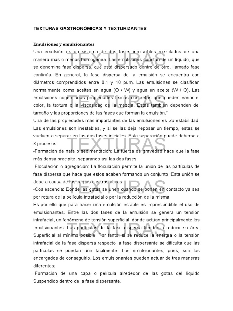 Texturas Gastronómicas y Texturizantes | PDF | Emulsión | Almidón