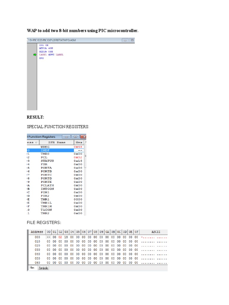 WAP To Add Two 8-Bit Numbers Using PIC Microcontroller.: Result | PDF ...