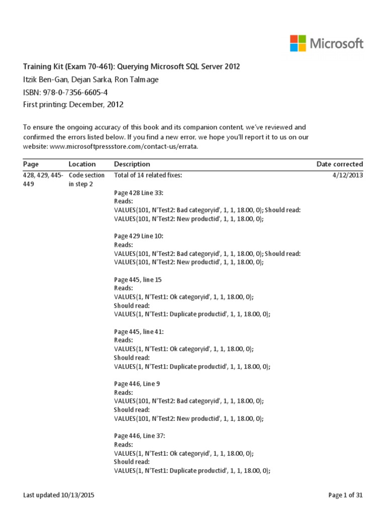 70-461 Errata | PDF | Database Index | Microsoft Sql Server