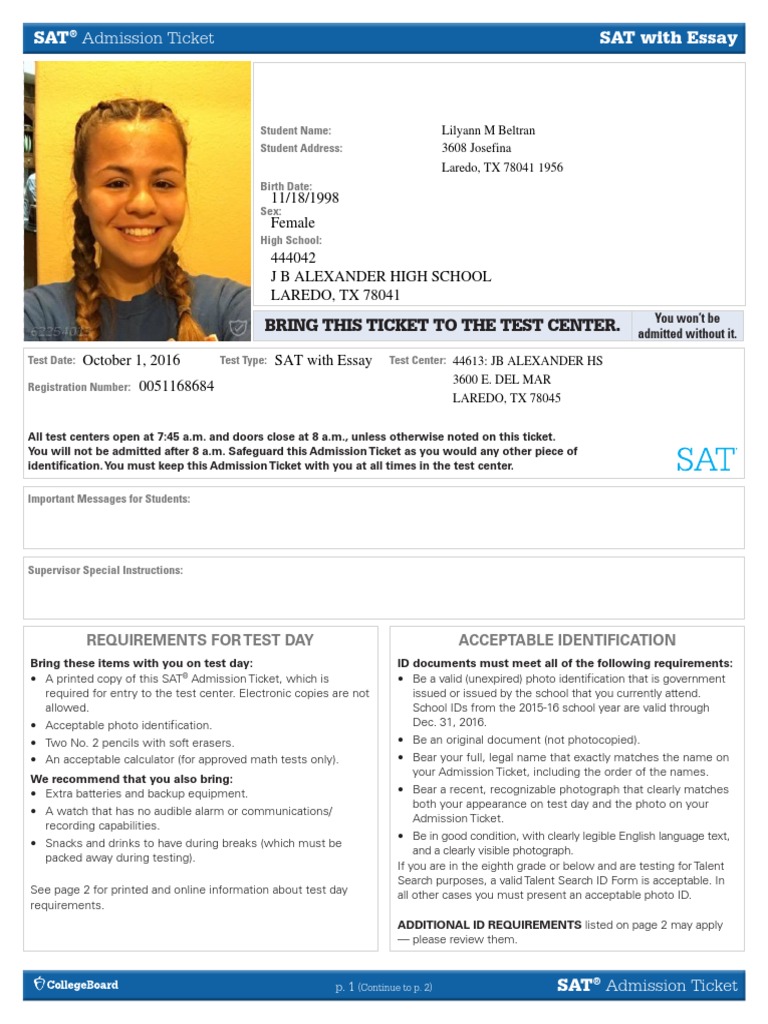 Admission Ticket Admission Ticket: SAT SAT With Essay SAT SAT With ...