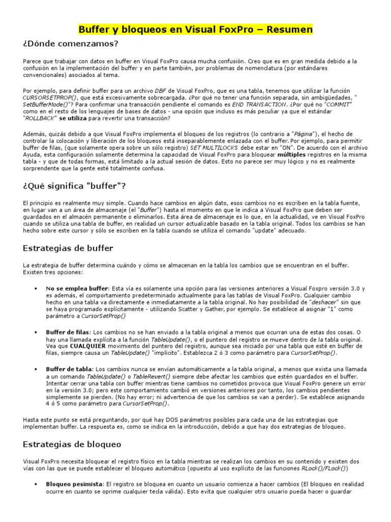 Buffer y Bloqueos en Visual FoxPro 2012 | PDF | Almacenador intermediario de datos | Puntero ...