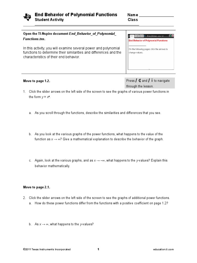 End Behavior of Polynomial Functions: Name Student Activity Class | PDF